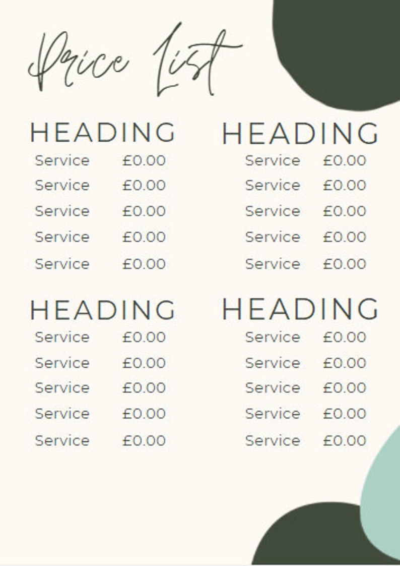 Pricing List - Price List Template - Printable List - Instant Download ...