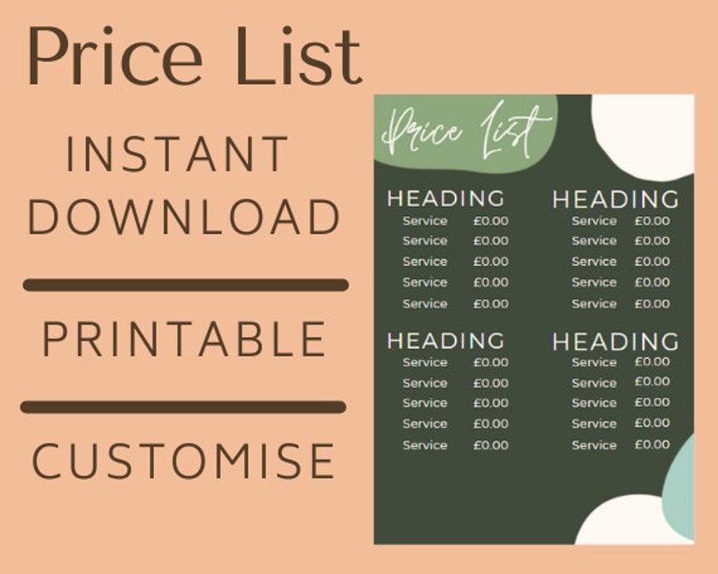 Pricing List - Price List Template - Printable List - Instant Download ...