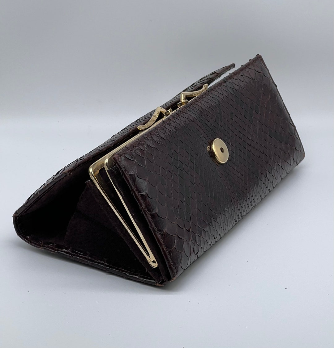 40s Brown Reptile Skin Wallet/ Vintage Leather Clutch Bag/ 40s Brown ...
