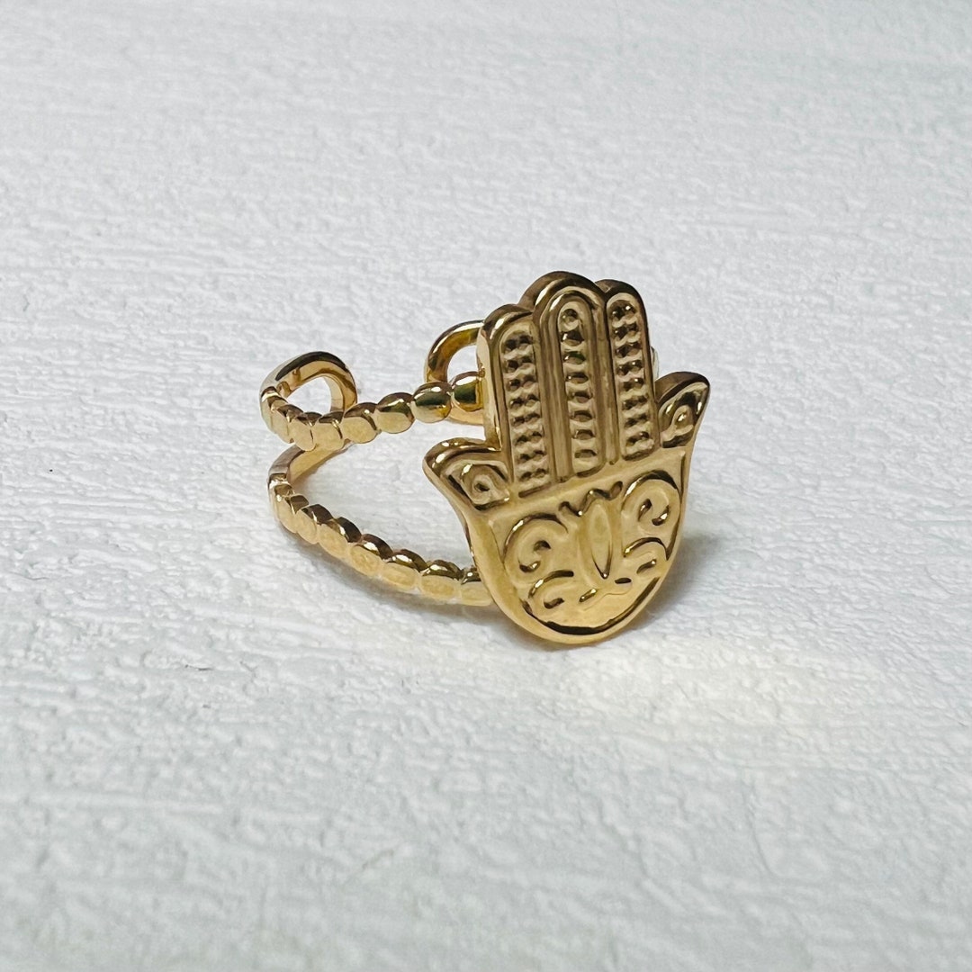 Hamsa Ring, 18K PVD Gold Tarnish Free Ring, Open Adjustable Waterproof ...