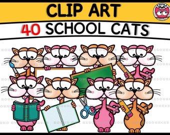 School Cats Clipart Images, Cat Digital Stamps, Hand Drawn Clipart ...