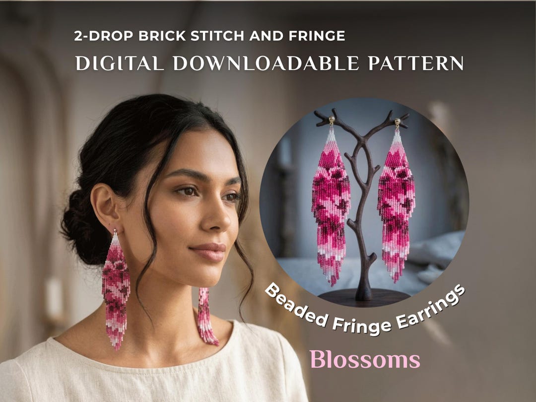 Blossom Beaded Fringe Earrings Pattern, 2-drop Brick Stitch PDF ...