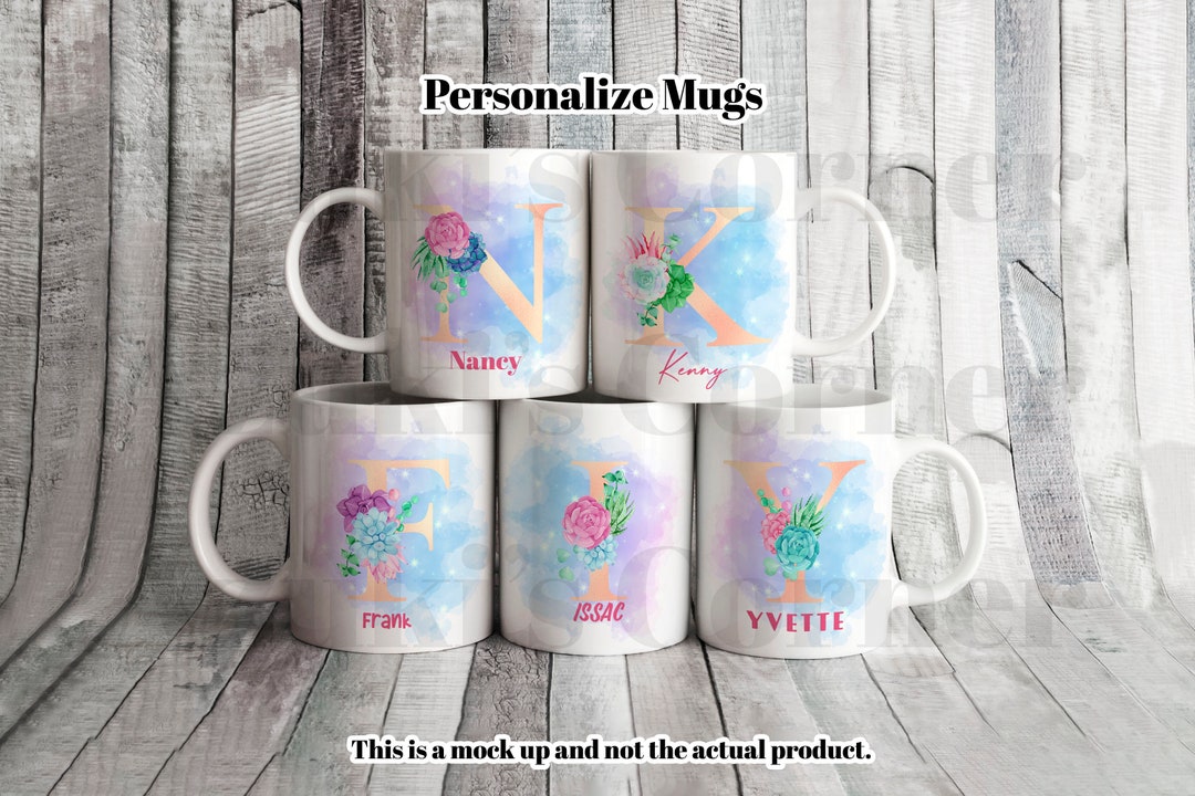 Personalize Name Mug, Alphabet Letter Mug, Succulent Mug, Flower ...
