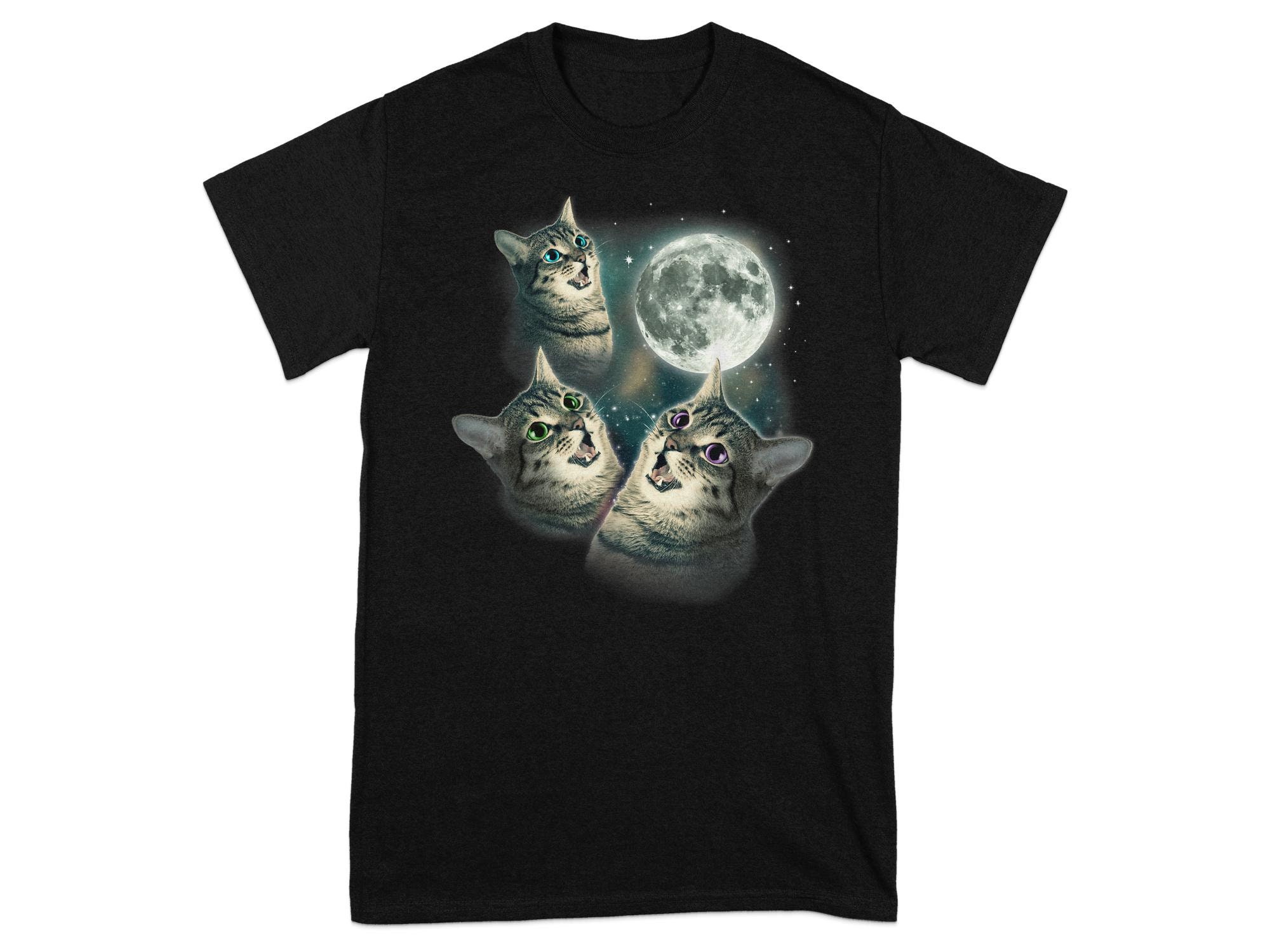 Funny Cat Meme Graphic Tee, Moon and Cats Print T-shirt, Hilarious Cat ...