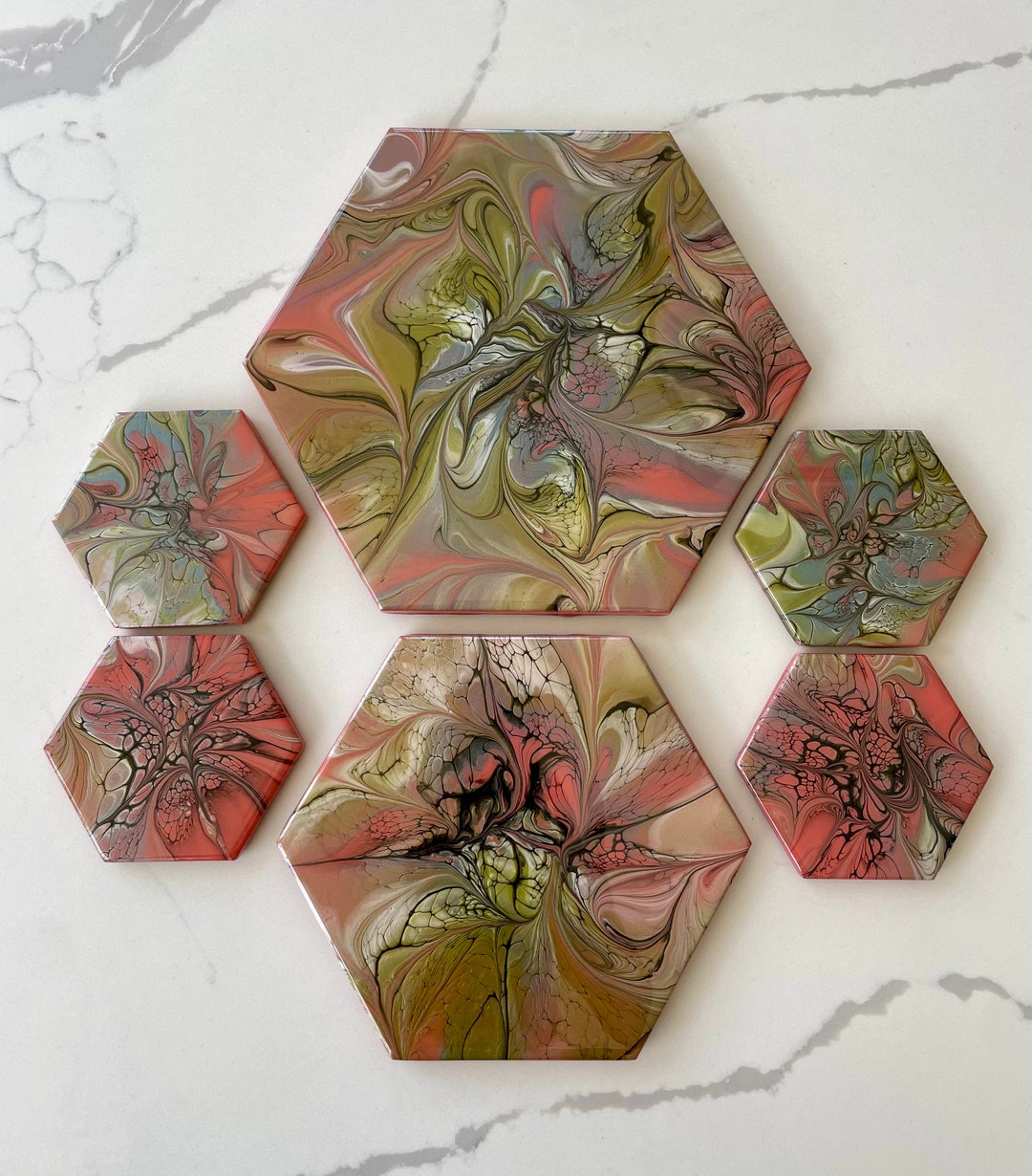 Hand Painted Coral Ceramic Bloom Style Coasters & Trivet - Etsy