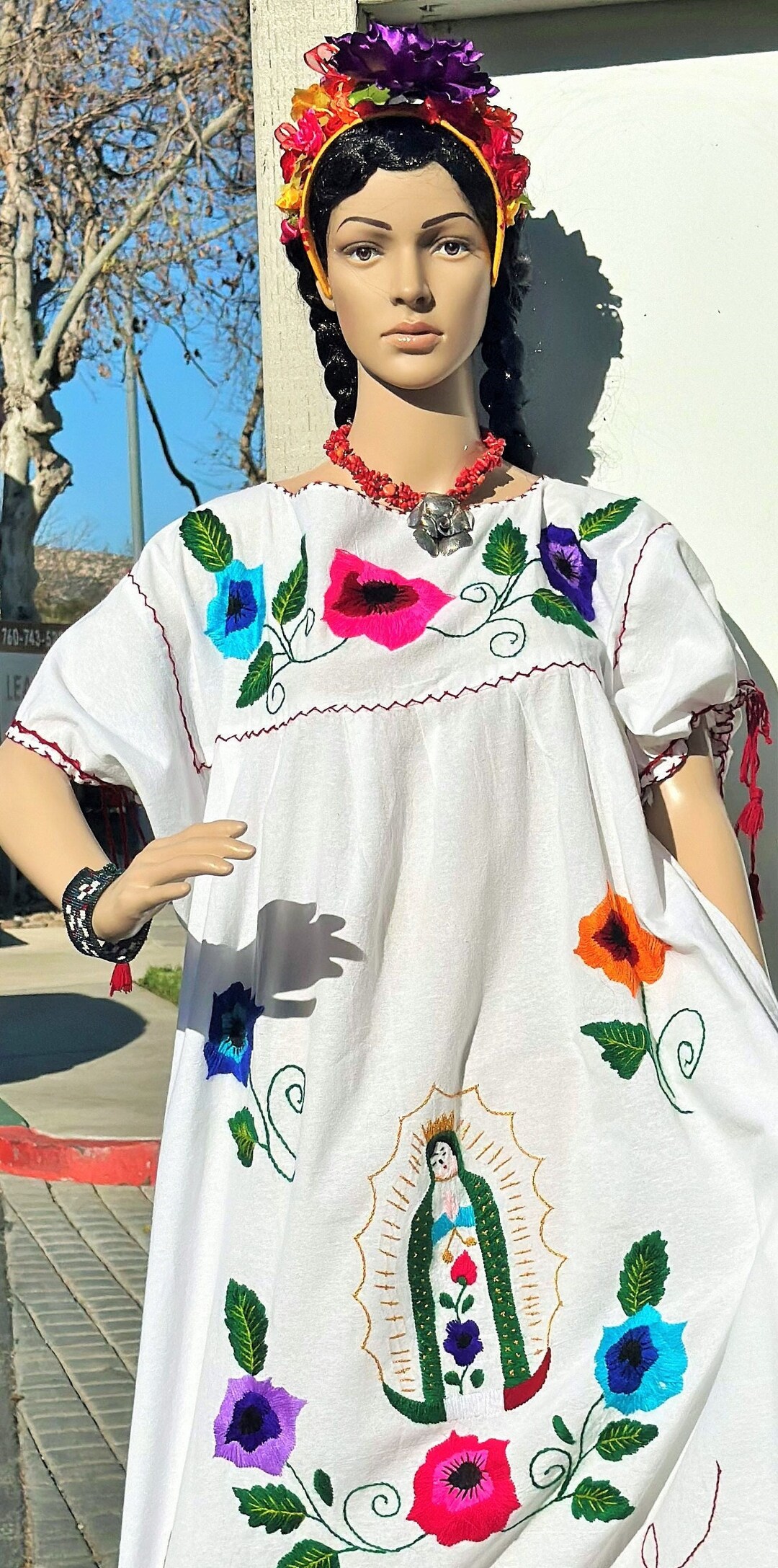 Divine Threads: White Dress Crochet Short Sleeve Virgen De Guadalupe All Hand Embroidered Floral ...