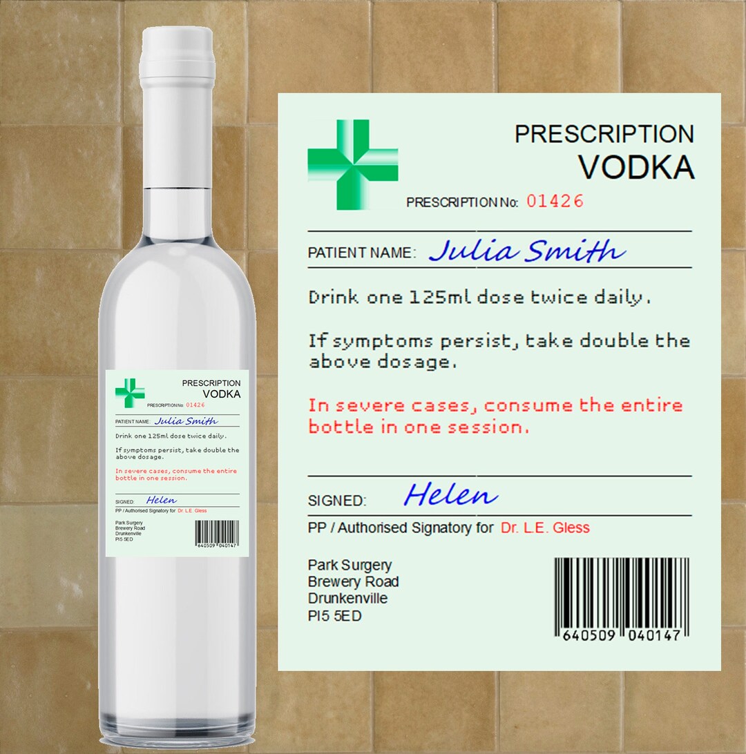 Personalised Vodka Bottle Prescription Label Novelty Sticker Birthday ...