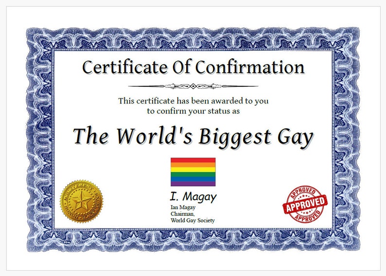 World's Biggest Gay Certificate Confirmation Award Rude Novelty Gift ...