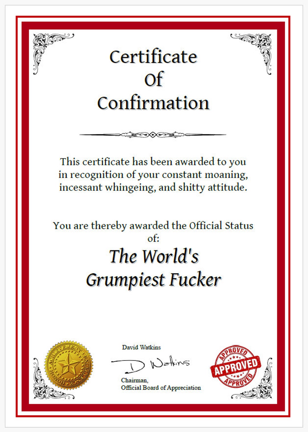 World's Grumpiest Fucker Certificate Confirmation Award Rude Novelty ...