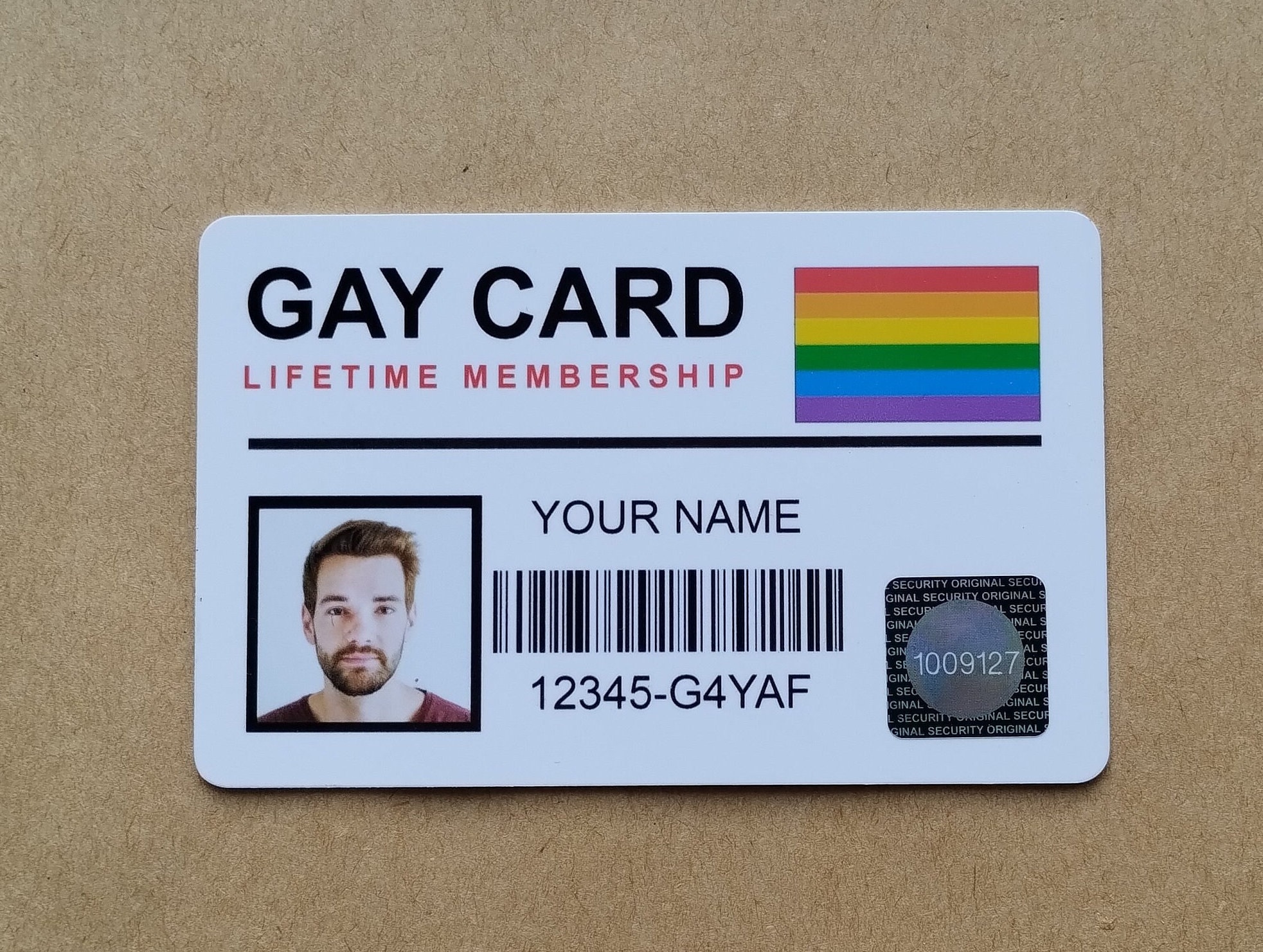 Personalised Novelty Gay ID Card Lifetime Membership Holographic Sticker Prank Rude Joke Friend ...