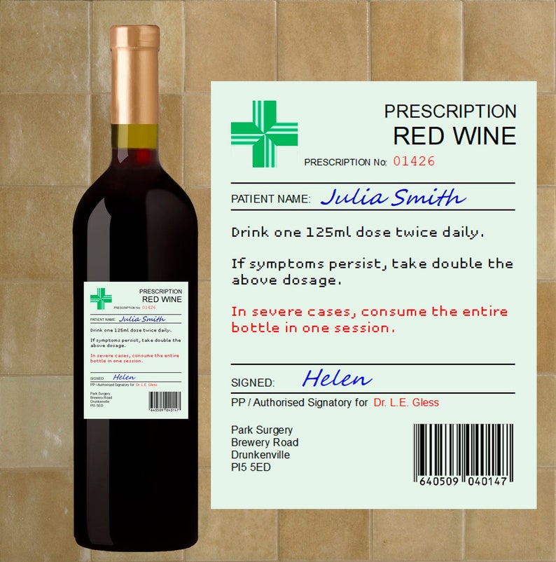 Personalised Red Wine Bottle Prescription Label Novelty Sticker ...