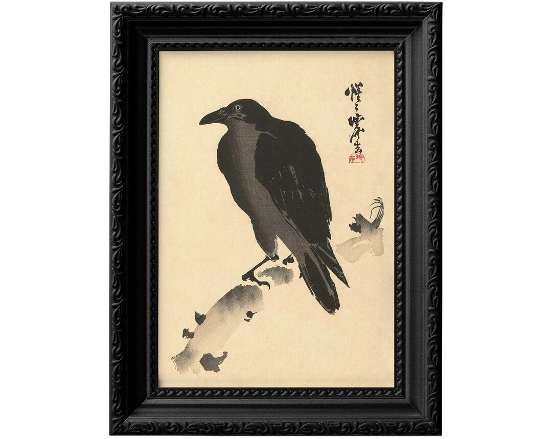 Black Crow or Raven on a Tree Trunk. 19th Century Japanese Woodblock ...