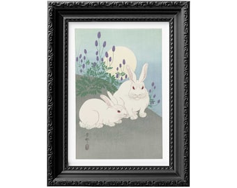 White Rabbit and Full Moon Art Print, Japanese Rabbit Painting, Antique ...
