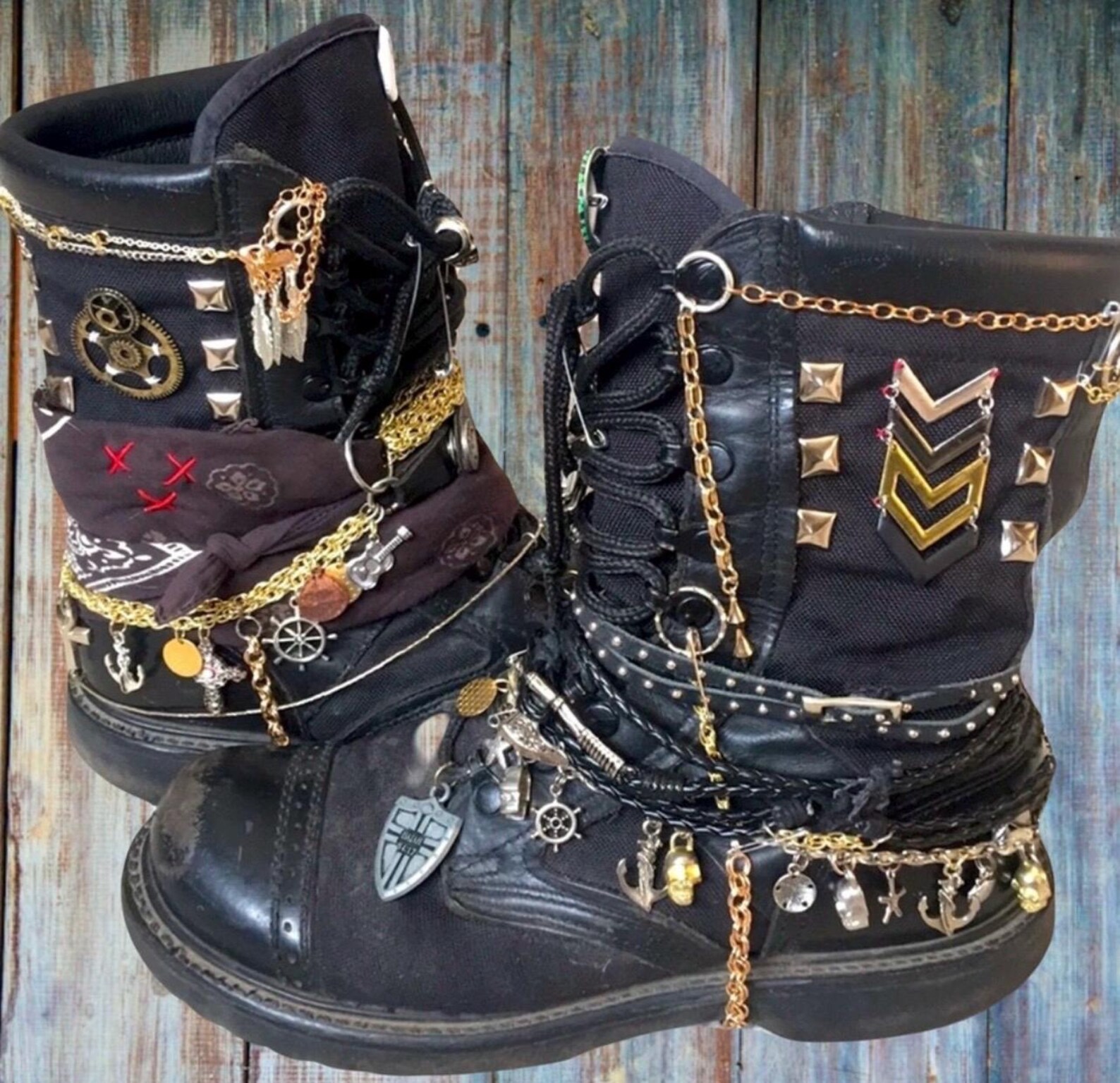 Upcycled Embellished Punk Rock Army Combat Moto Boots Men’s Size 8 - Etsy