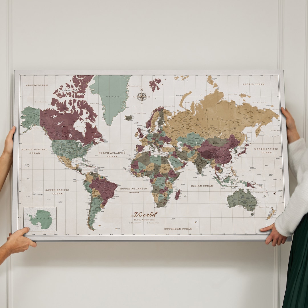 Personalized World Map Push Pin Map Pinboard Cork Canvas Print Gift for ...