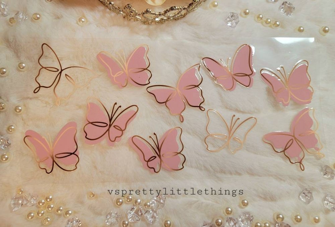 16 Oz UV DTF 21 Gold Pink Butterfly Decal Cup Wrap Ready to Apply No ...