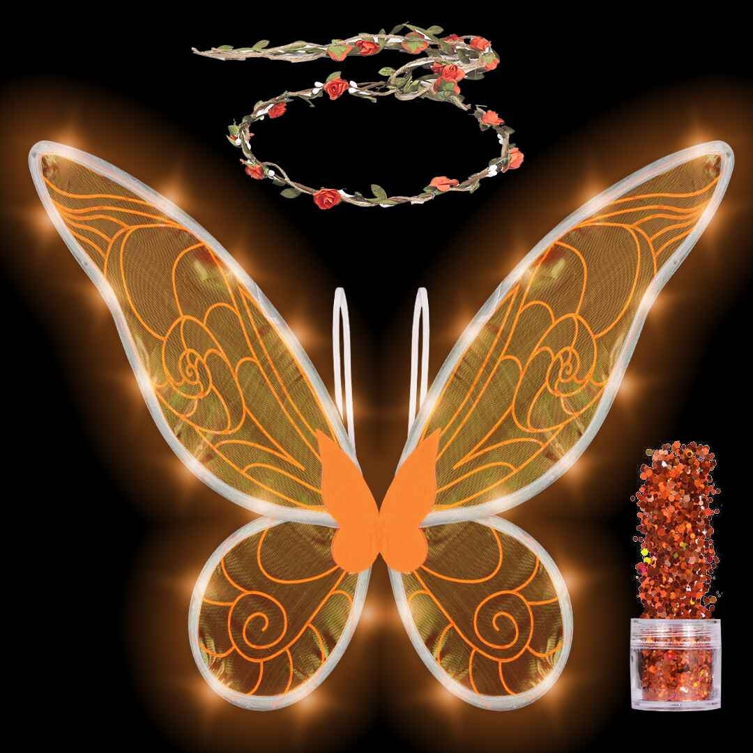 Funcredible Orange Fairy Wings Set With Wand, Crown and Glitter Perfect ...