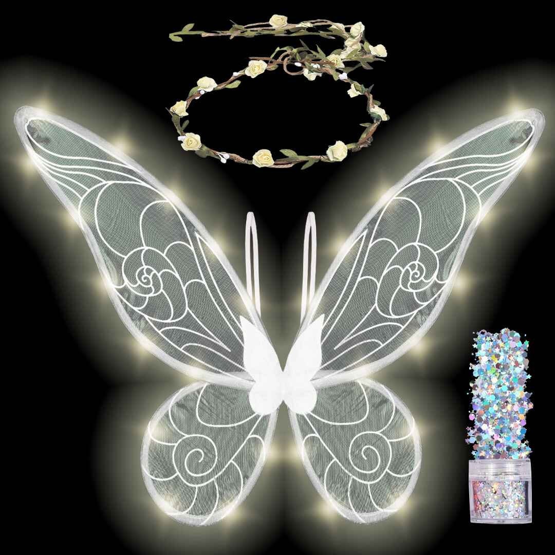 Funcredible White Holographic Light up Fairy Wings Set With Wand, Crown ...