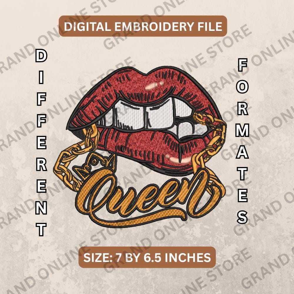 Queen Lips Embroidery Design | Crown Chain Fashion Artwork | Bold Woman ...