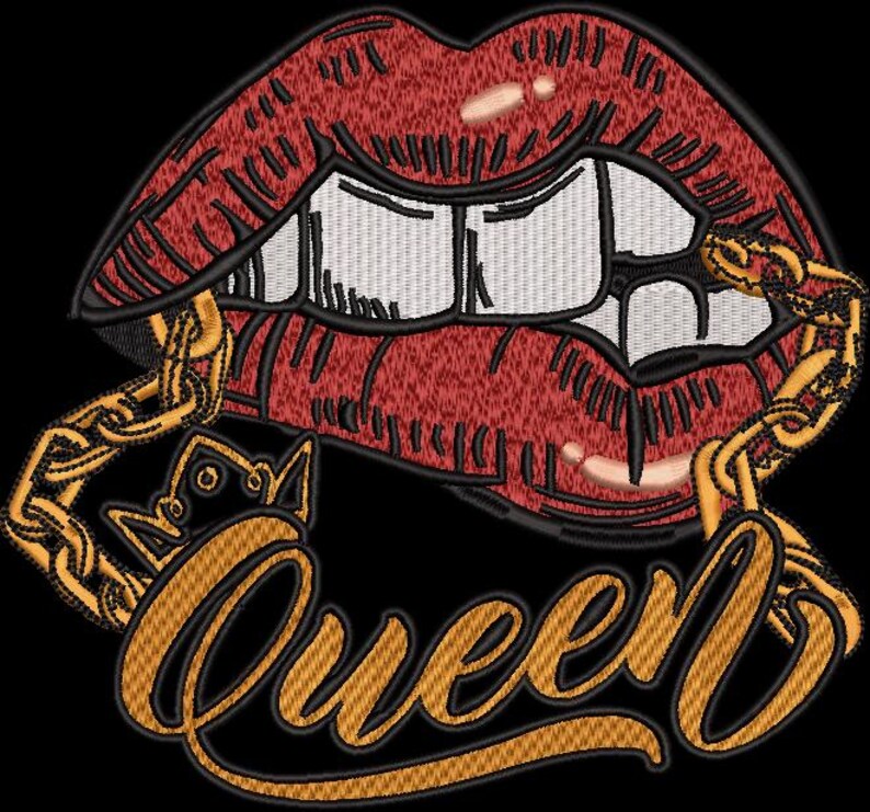 Queen Lips Embroidery Design | Crown Chain Fashion Artwork | Bold Woman ...