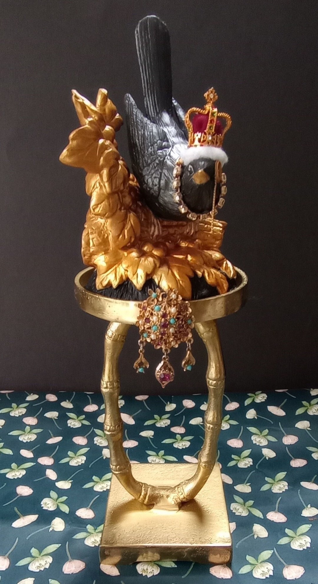 Regal Blackbird in Crown With Jewels on Golden Perch - Etsy