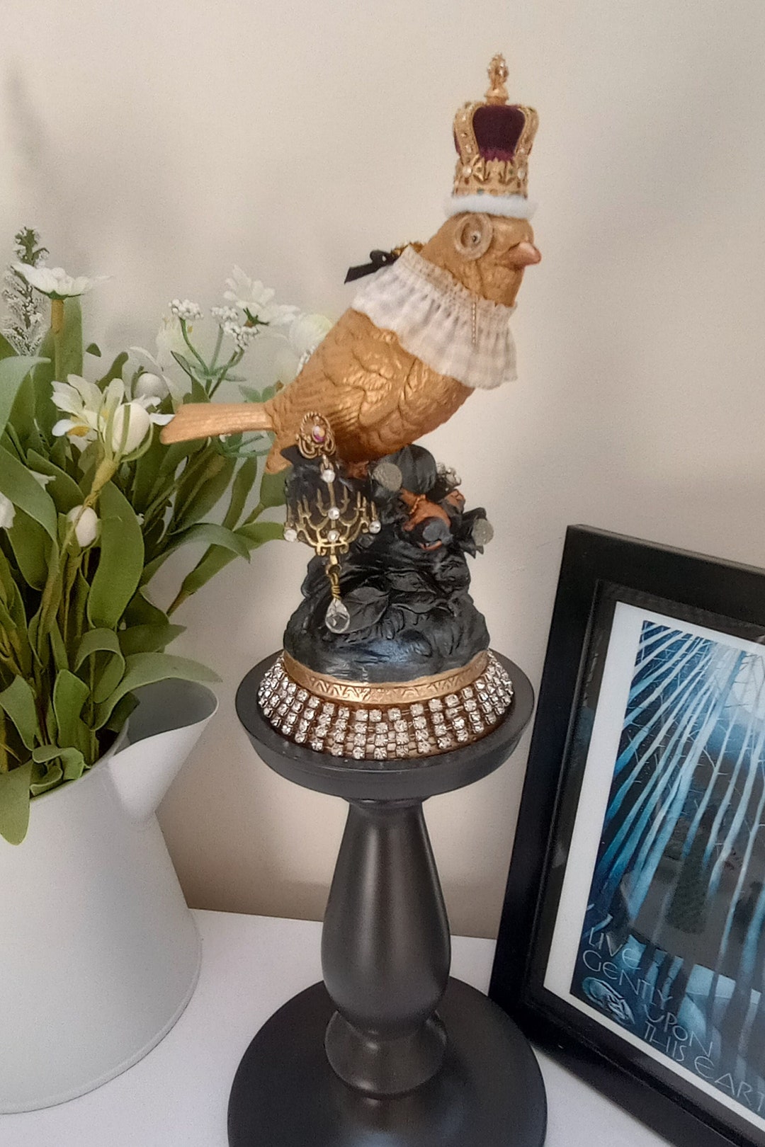 Regal Golden Bird With Crown and Jewels Sitting on Pretty Perch ...