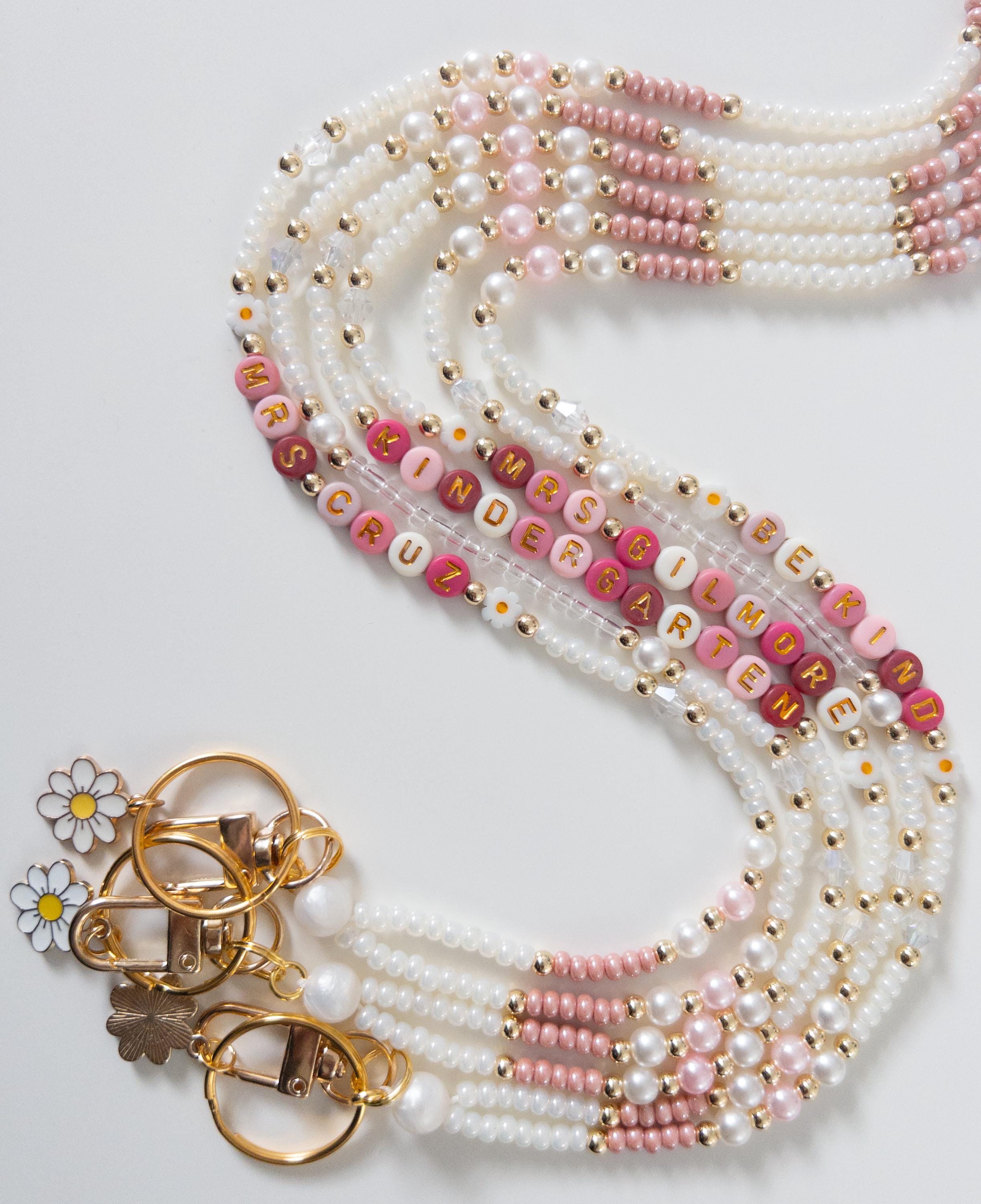 NEW DAISY Pink Lanyard, Beaded Lanyard, Teacher Lanyard, Personalized ...