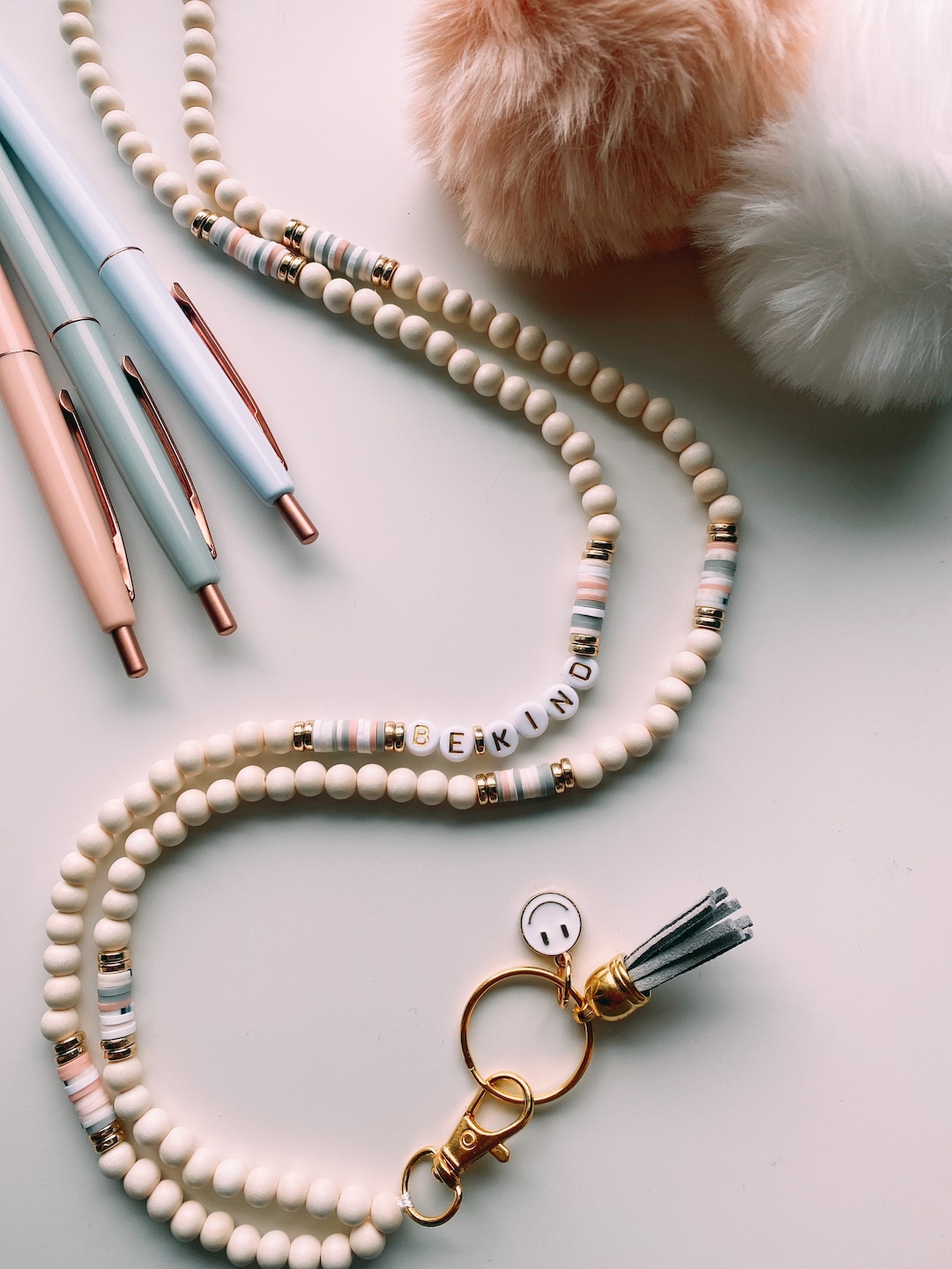 Pink Neutral Lanyard, Teacher Lanyard, Modern Lanyard, Wooden Bead ...