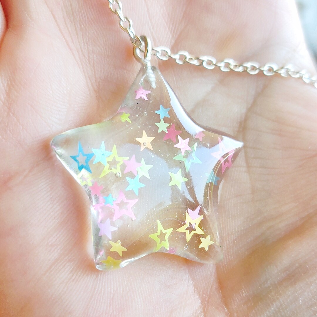 Puffy Star Pendant Necklace: Resin Charm With Star Sequins - Etsy