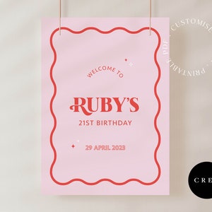 Wavy Welcome Sign, Edit Printable PDF, Pink and Red Theme Party Decor, Twenty First Birthday ...