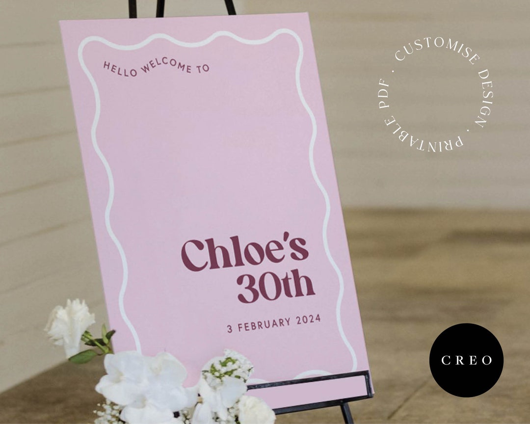 Wavy Welcome Sign, Printable PDF, Pink Party Decor, 30th Birthday Party ...