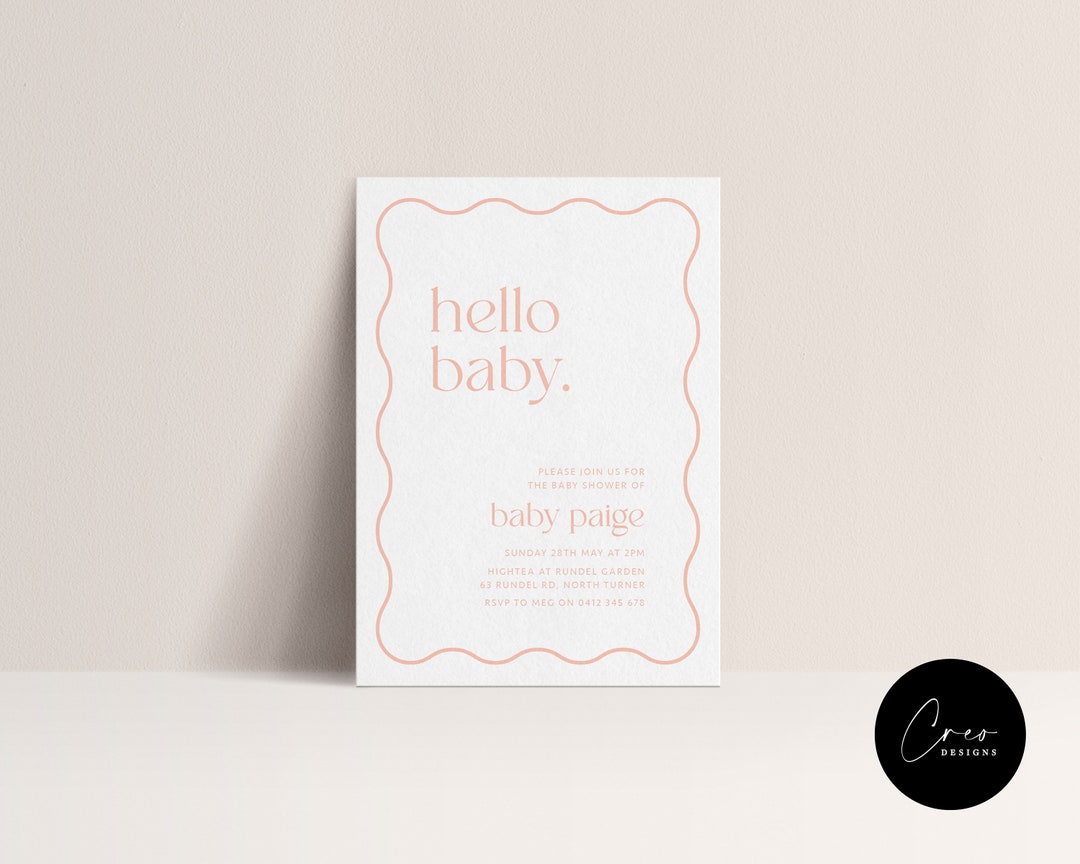 Baby Shower Invitation, Baby Shower Printable Invite, Wavy Border, Pink ...