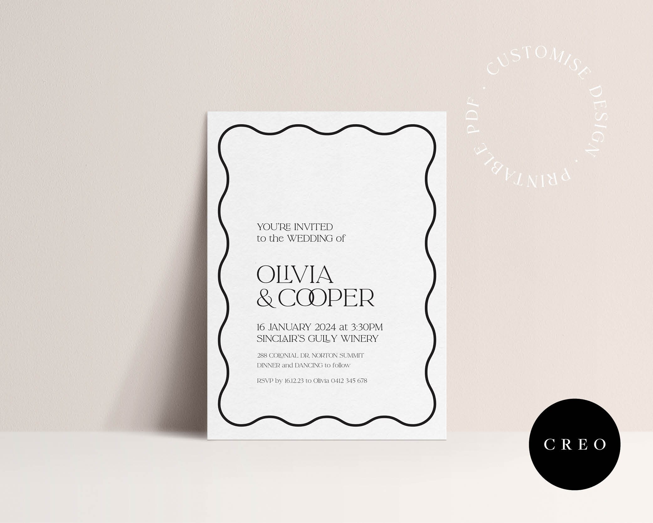 Wave Wedding Invitation, Modern Printable Invite, Wavy Border, Black, Classic, Fun, Customise ...