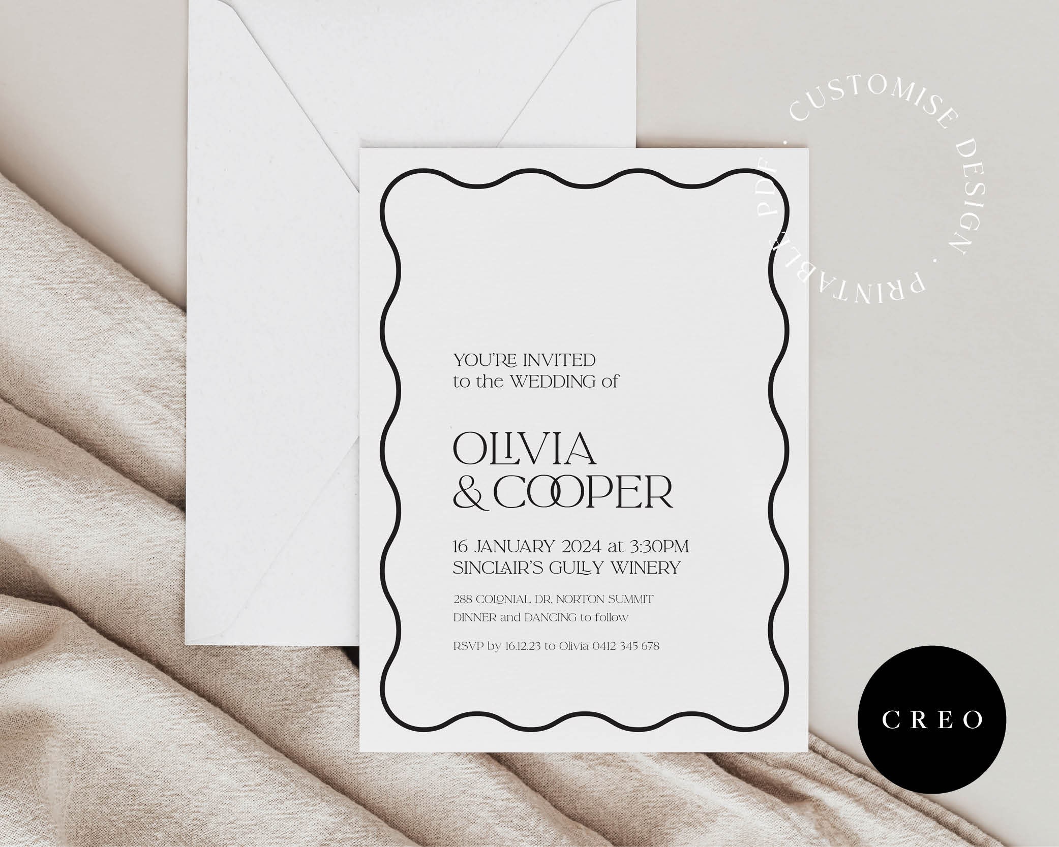 Wave Wedding Invitation, Modern Printable Invite, Wavy Border, Black ...
