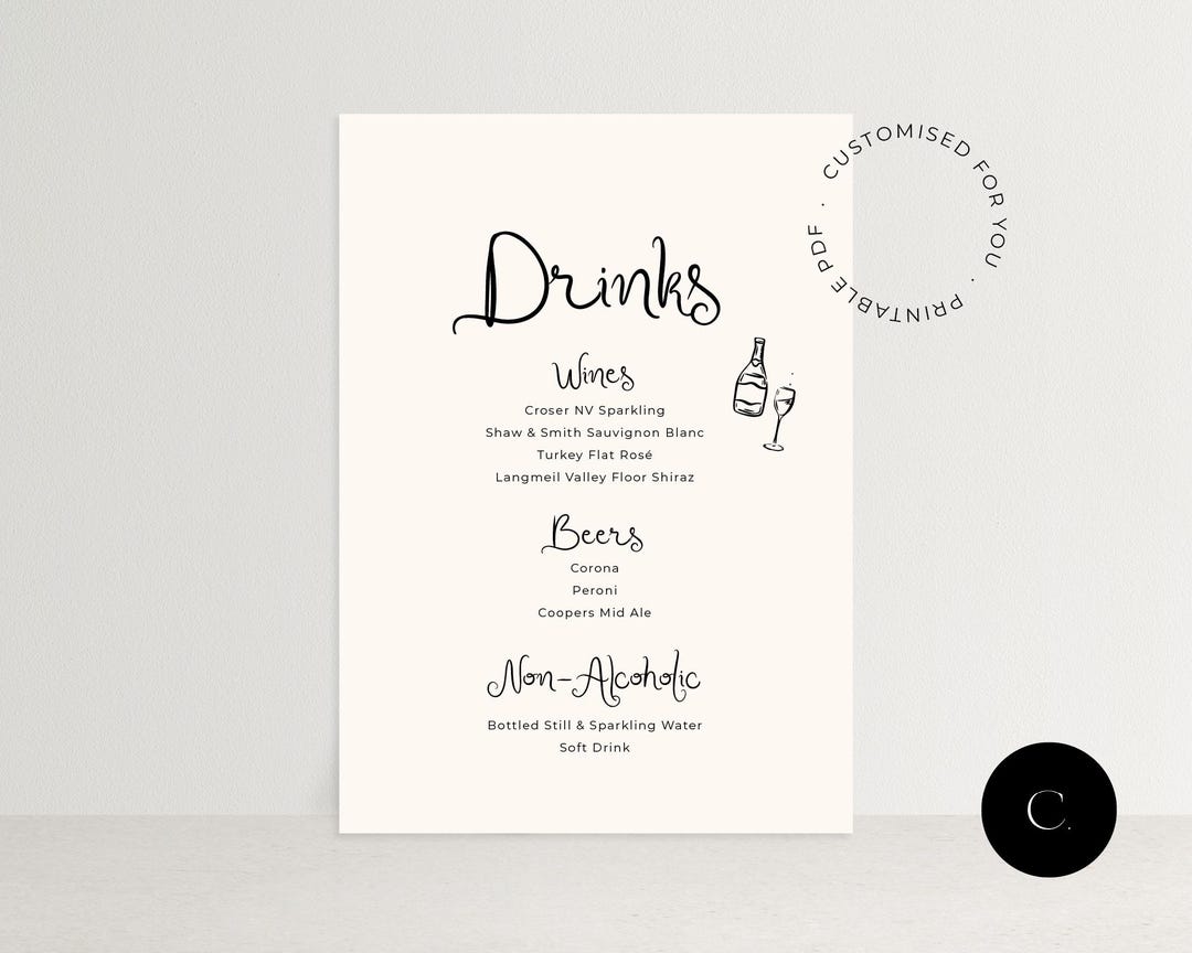 Wedding Bar Sign, Printable PDF, Trendy Drinks Menu, Handwritten Font ...