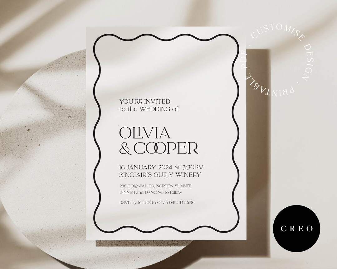 Wave Wedding Invitation, Modern Printable Invite, Wavy Border, Black, Classic, Fun, Customise ...