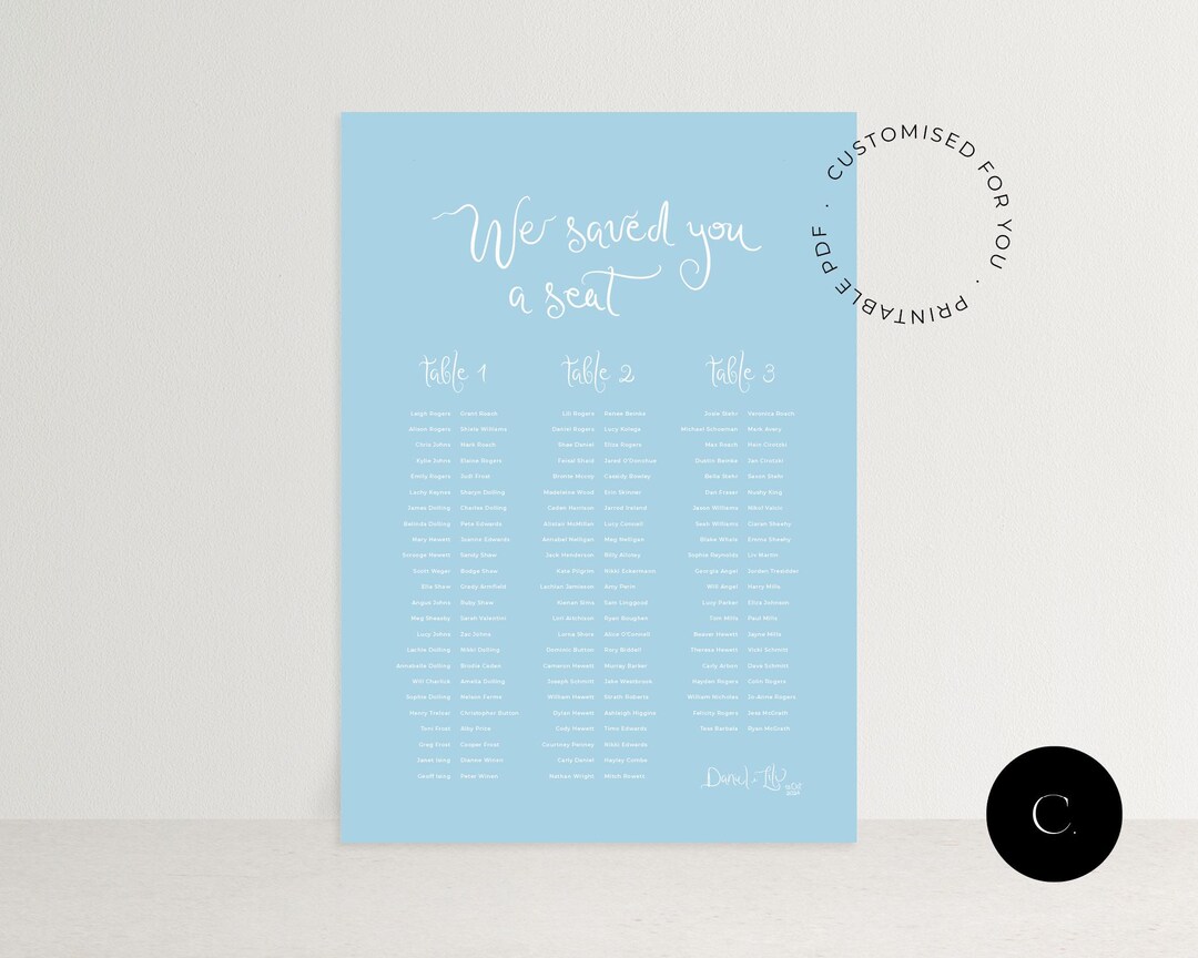 Wedding Seating Chart, Printable PDF, Trendy Seating Chart, Handwritten ...