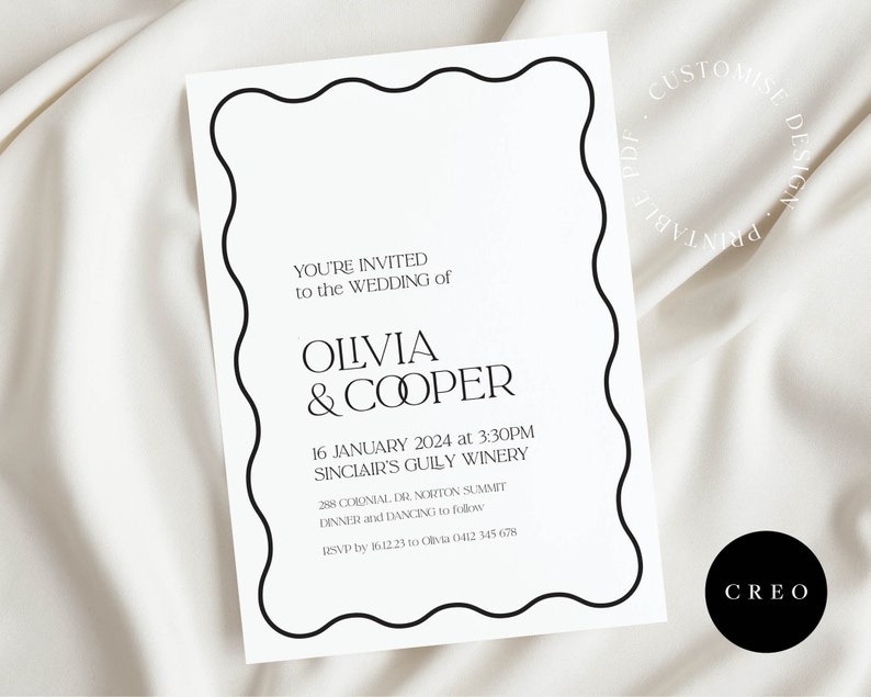 Wave Wedding Invitation, Modern Printable Invite, Wavy Border, Black, Classic, Fun, Customise ...