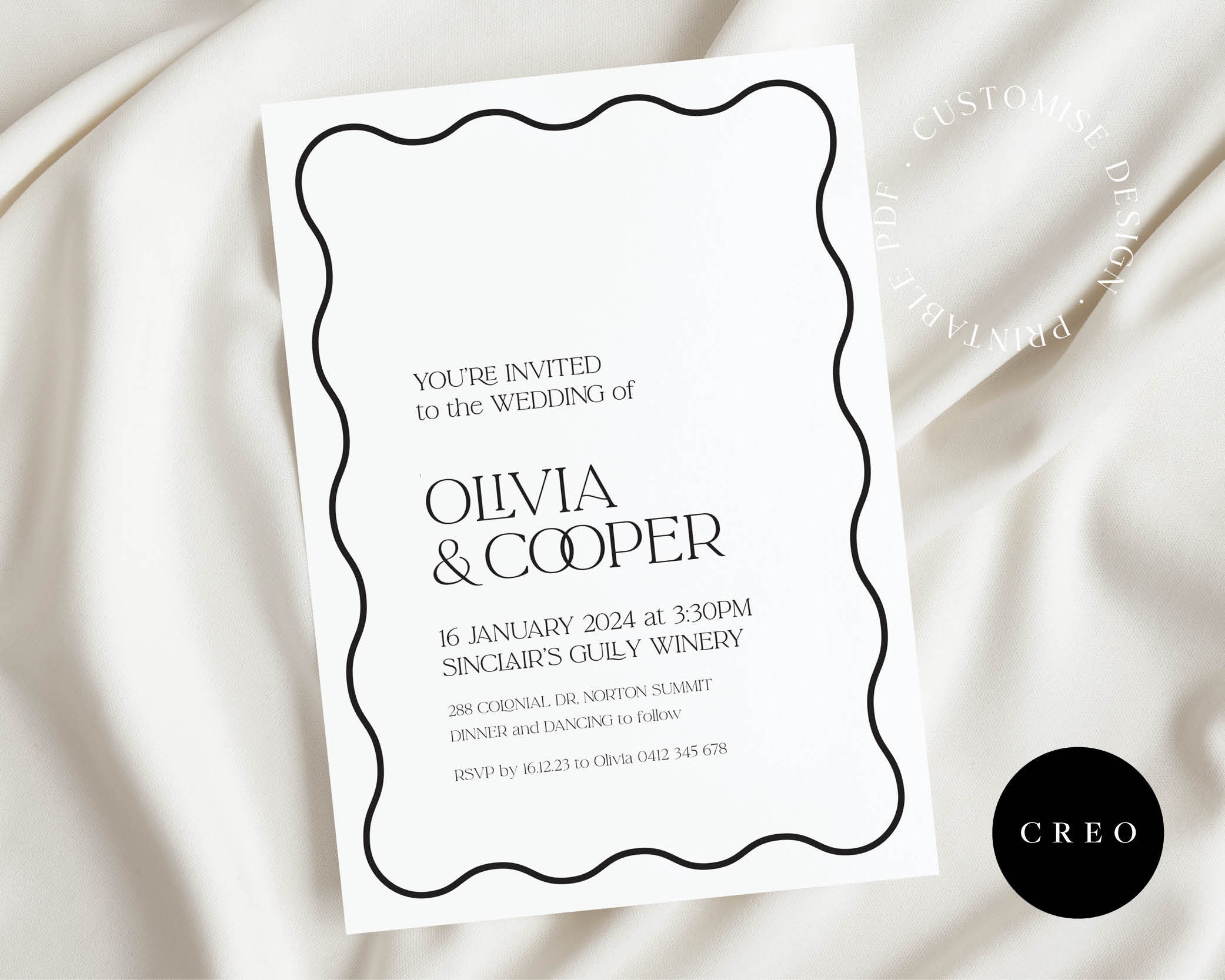 Wave Wedding Invitation, Modern Printable Invite, Wavy Border, Black ...