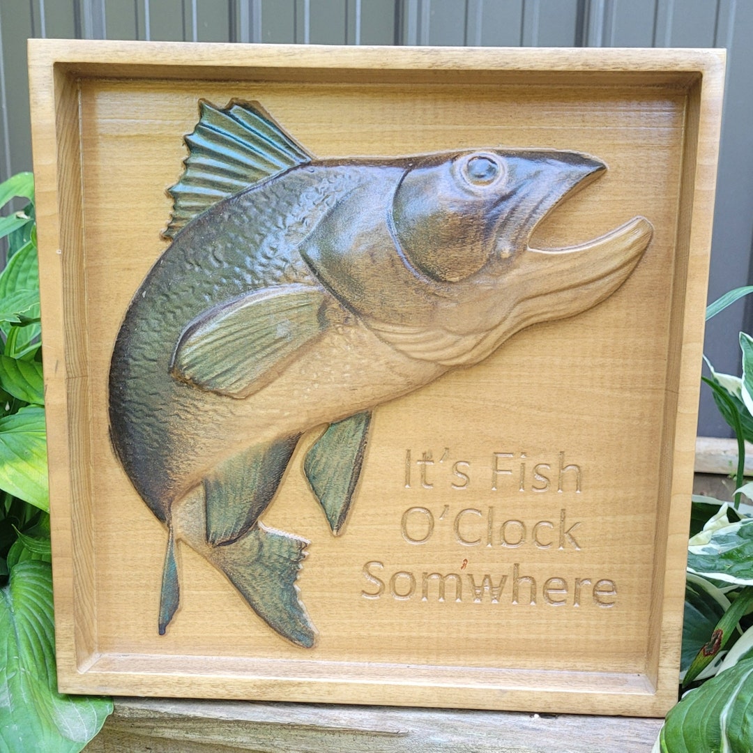 Fish Sign 3D Carved Wood Hand Painted Fishing Gift Cabin Sign Fish ...