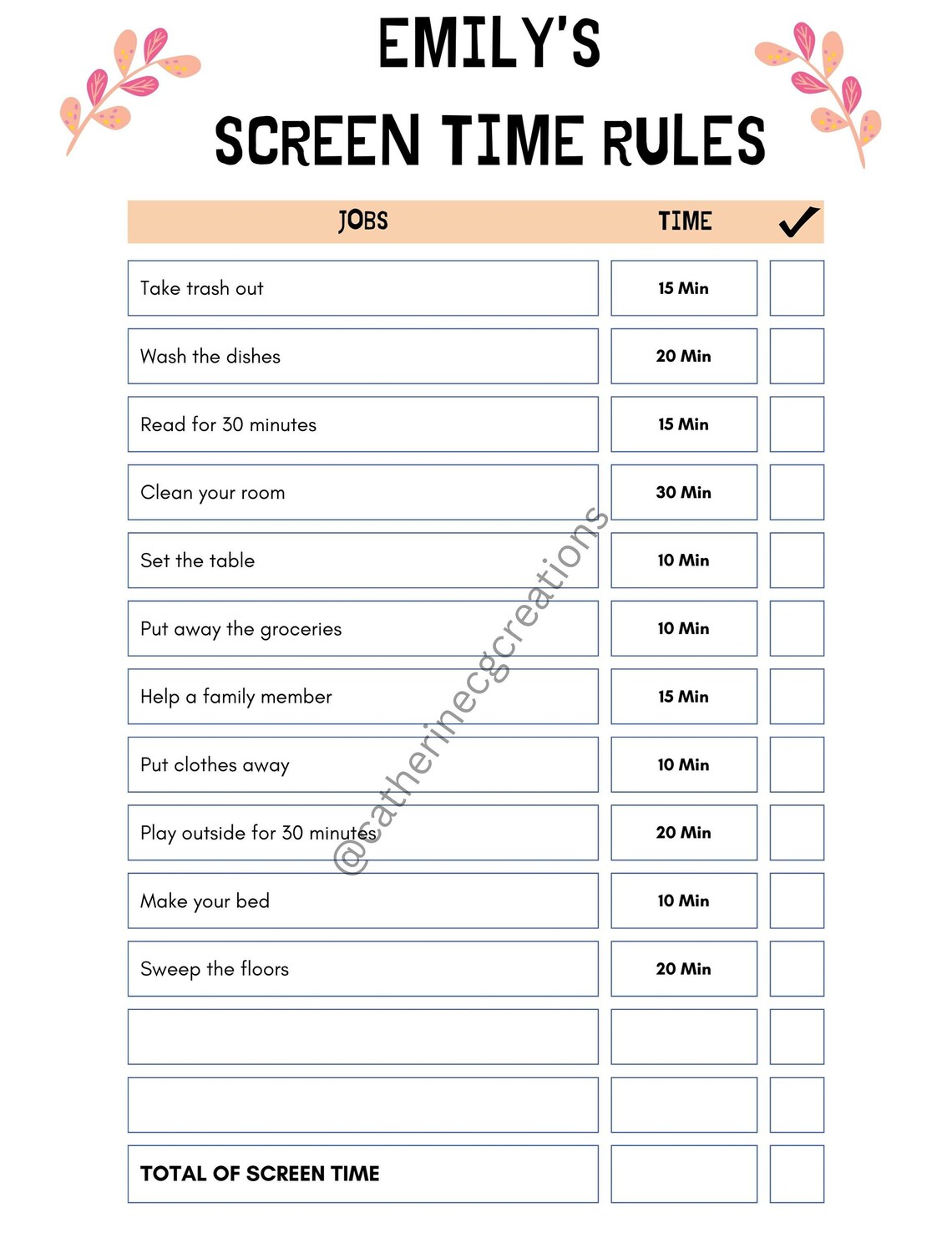 EDITABLE Screen Time Chart, Screen Time Chart for Kids, Screen Time ...