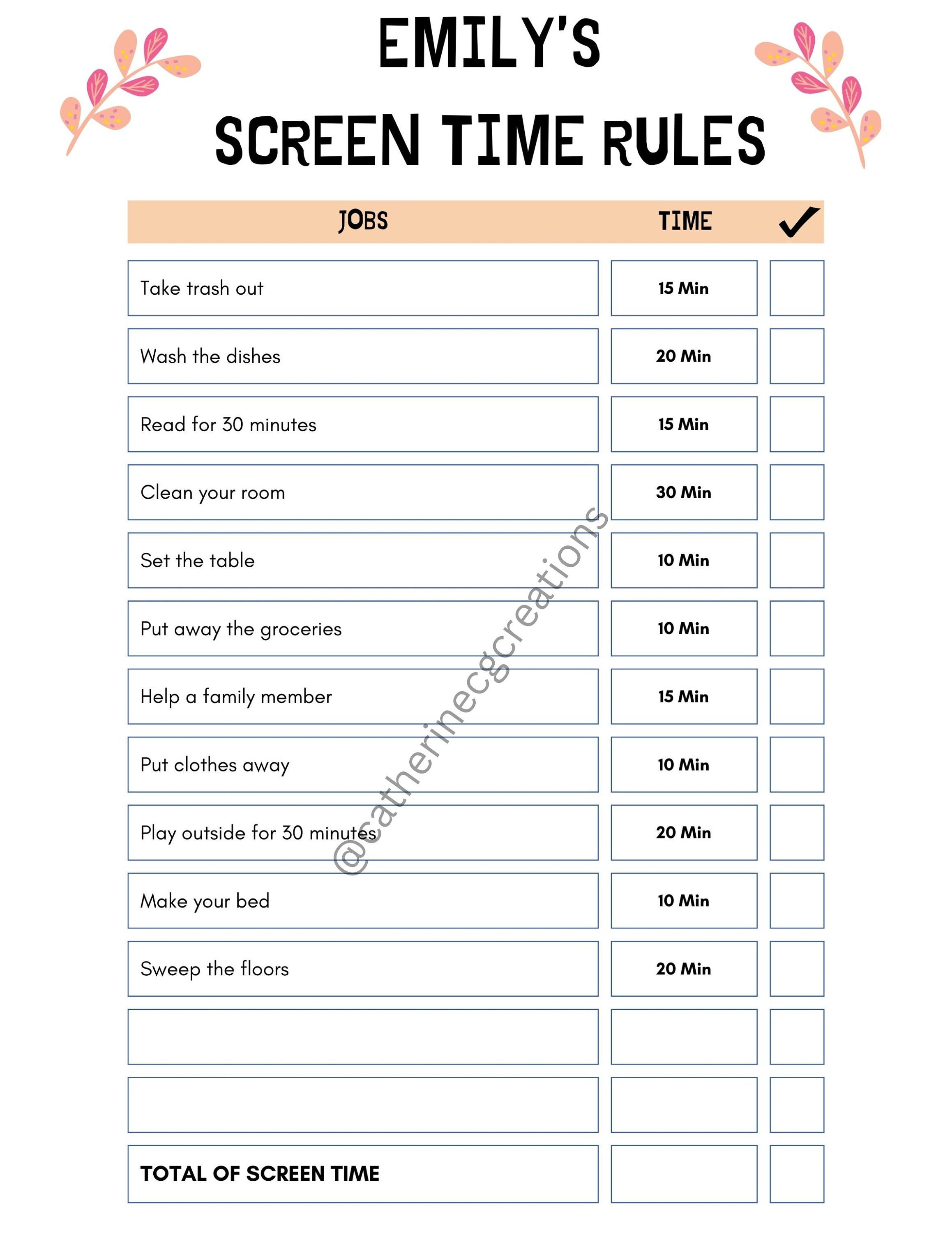 EDITABLE Screen Time Chart, Screen Time Chart for Kids, Screen Time ...
