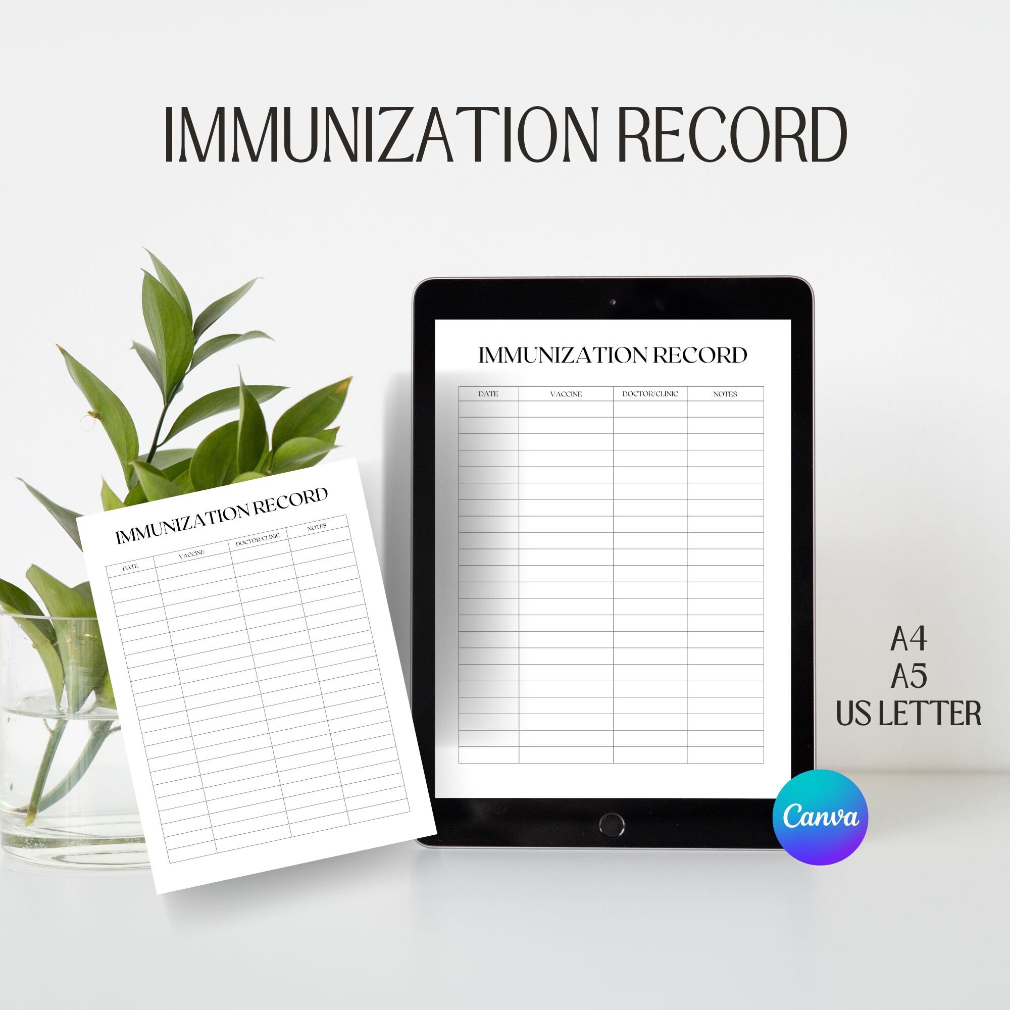 EDITABLE Simple Immunization Record, Printable Immunization Record ...
