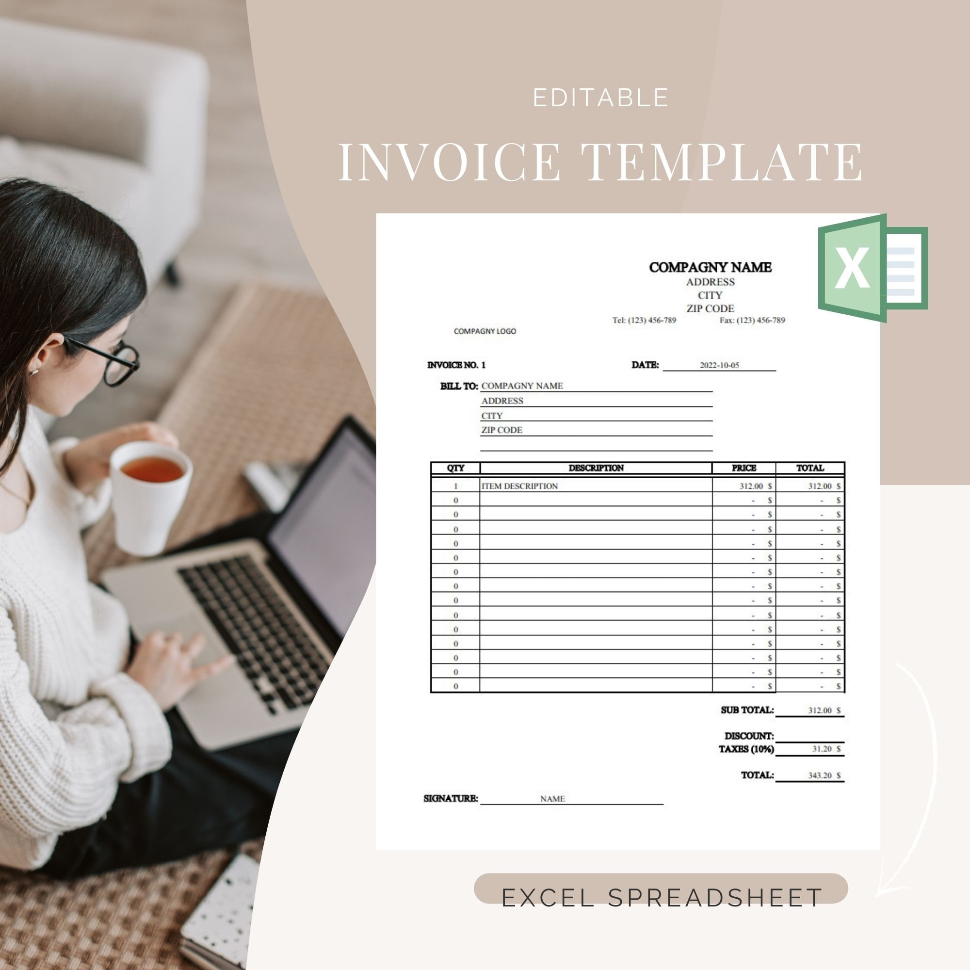 EDITABLE Invoice Template, Basic Invoice, Excel Document - Etsy