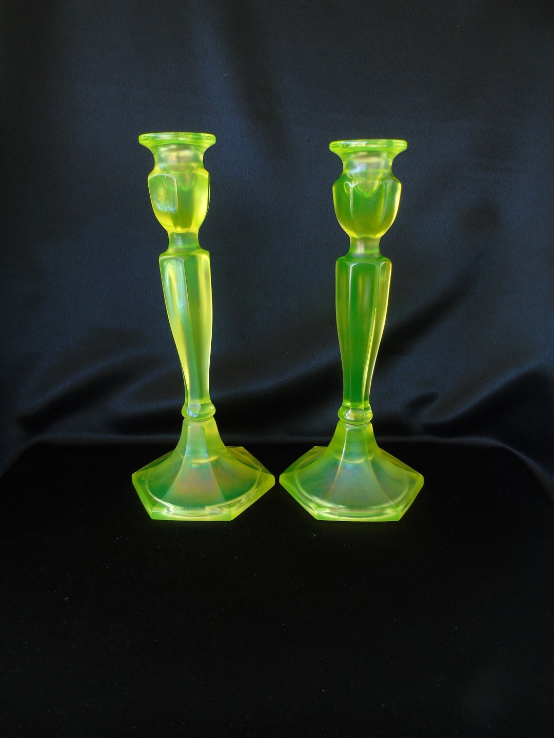 Scarce Fenton 10" No. 349 Vaseline Stretch Glass Pair Candlesticks - Etsy