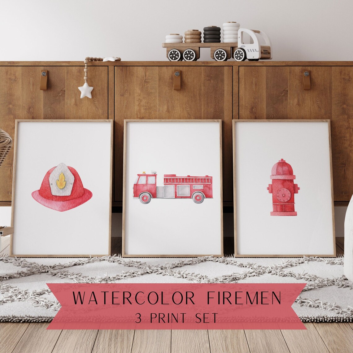 Watercolor Fire Truck Nursery Prints | Firefighter Nursery Prints ...