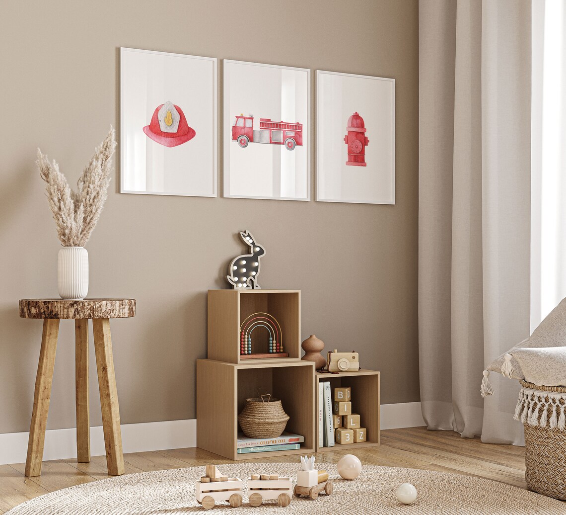 Watercolor Fire Truck Nursery Prints Firefighter Nursery Prints ...