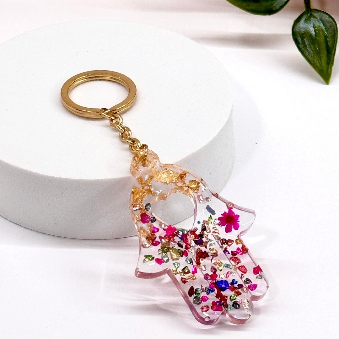 Hamsa Hand Keychain: Handmade Hamsa Keychain With Resin, Dried Flowers ...