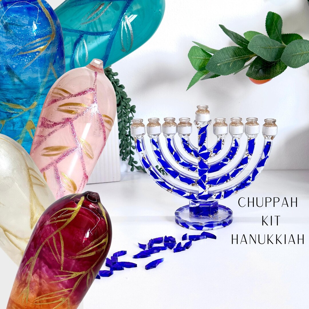 Jewish Breaking Glass Kit, Menorah With Chuppah Glass Shards, Wedding ...