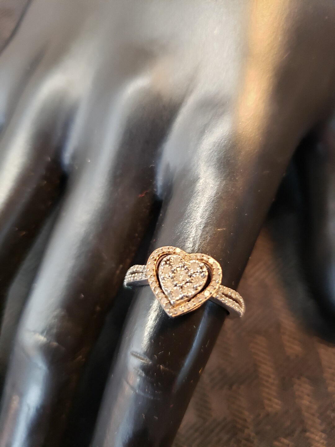 Vintage Sterling Silver Diamonds Two-tone Heart Ring Signed UD 925 Size ...
